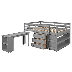Solid Wood Full-Size Low Loft Bed Frame with Ladder for Kids Bunk, Cabinet + Desk, Pure Gray