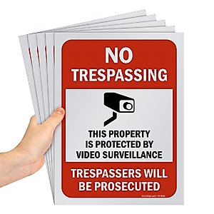 SmartSign (Pack of 5) 12 x 9 inch “No Trespassing - Property Protected By Video Surveillance” Sign, Screen Printed, 10 mil Polystyrene Plastic, Red/Black on White, Made in USA