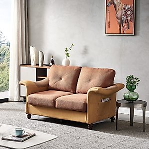 FIQHOME LoveSeat, General Use Linen Fabric Faux Leather with Wood, Upholstered Love Seat Armchair Couch with Wide Wooden Legs for Living Room and Office,Brown