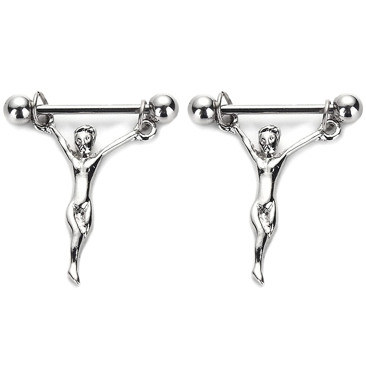 14G Surgical Steel Nipple Rings Dangly Jesus Nipplerings Straight Barbell Body Piercing Jewelry for Women Girls 1 Pair (14G; 16-14mm)