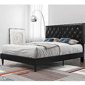 Einfach Queen Platform Bed Frame with Adjustable Faux Leather Diamond Stitched Button Tufted Headboard, Sturdy Wooden Support and No Box Spring Needed, Black
