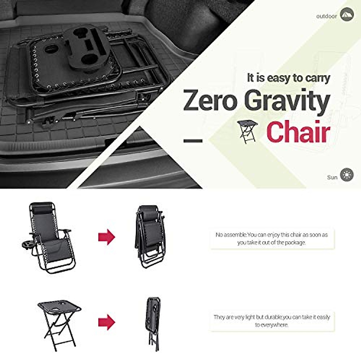 Homall 3 Pcs Zero Gravity Chair Patio Folding Recliner Outdoor Chaise Lounge Chairs Portable Reclining Chair Set with Side Table (Black)