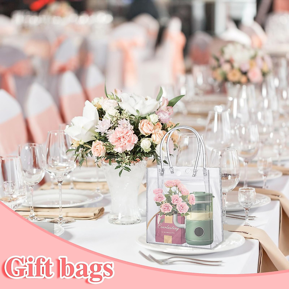 BESARME 20 Pack 6.3" x 5.9" x 2.8" Clear Gift Bags with Handle, Reusable Plastic Small Gift Bags for Party Favors Christmas Wedding Birthday