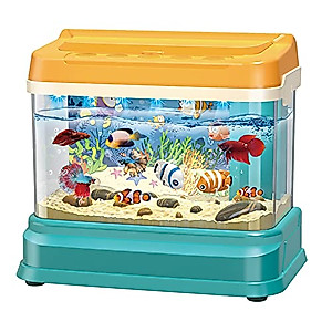 Mini Aquarium for Kids Fishing Toys Artificial Fish Tank with Moving Fish*4 with USB Light and Music Fishing Rod Fishing net
