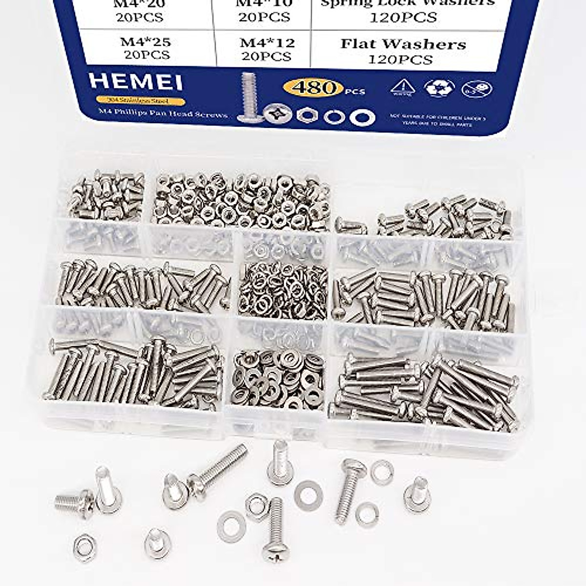 HEMEI 480Pcs M3 Phillips Pan Head Bolt Screws,Phillips Drive,Full Thread 304 Stainless Steel Precise Metric Machine Screws Assortment Kit with Nuts Flat Washers Lock Washers and Storage Case