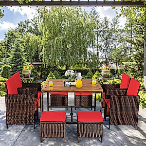 Tangkula 9 Pieces Acacia Wood Patio Dining Set, Space Saving Wicker Chairs and Wood Table with Umbrella Hole Outdoor Furniture Set, Suitable for Garden, Yard, Poolside, Outdoor Seating Set