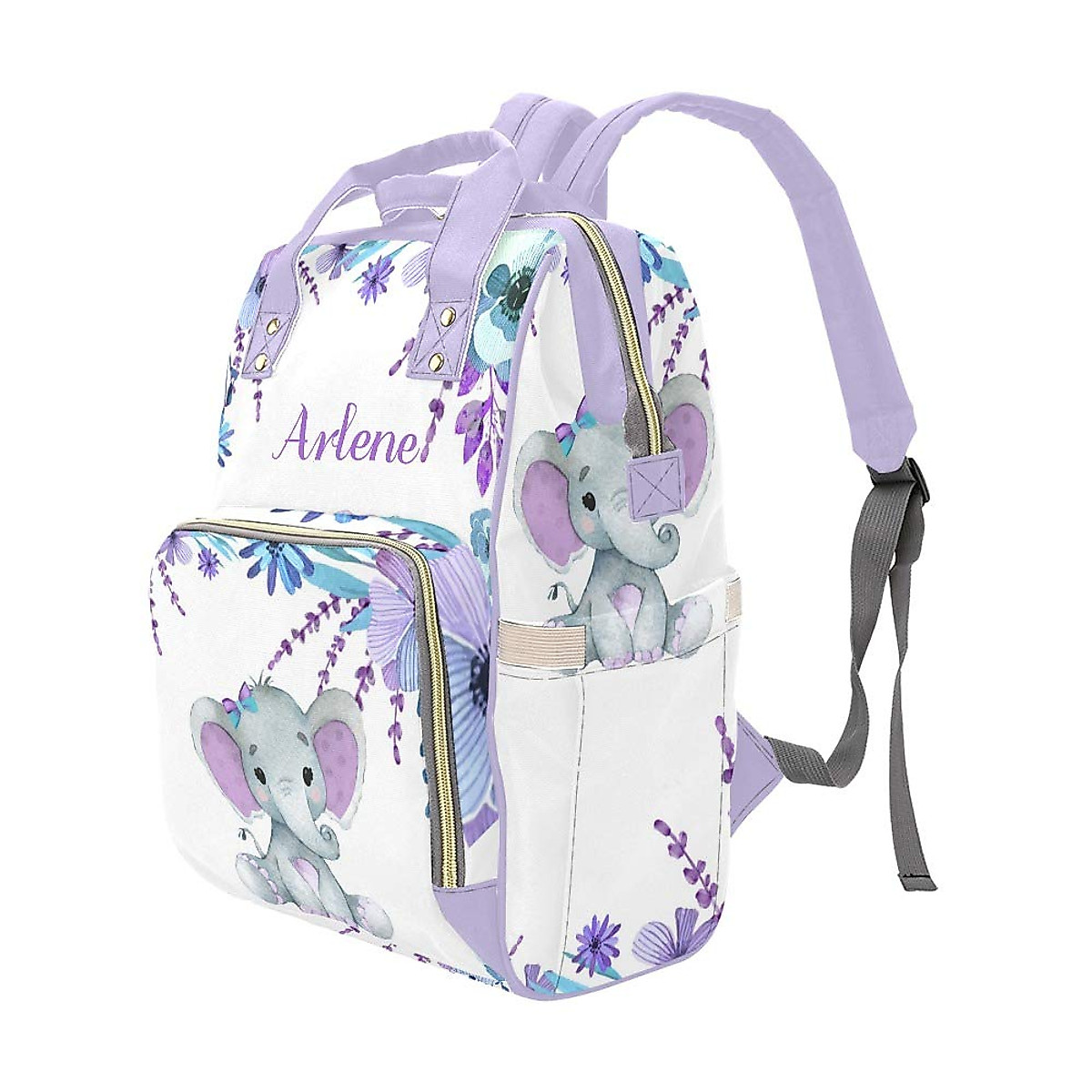 Elephant Purple Personalized Diaper Bag Backpack Tote with Name,Custom Travel Nappy Mommy Bag Backpack