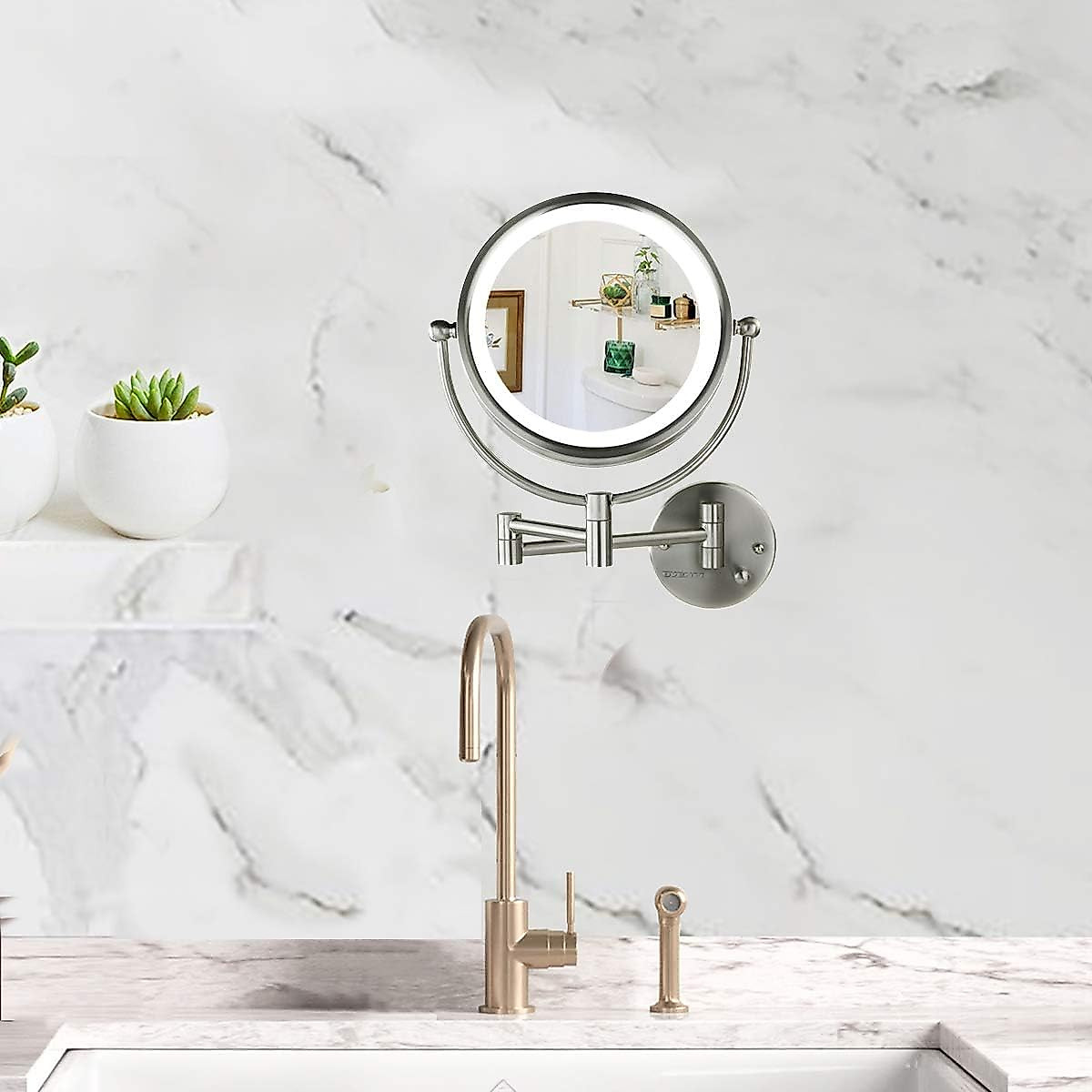 OVENTE 9" Lighted Wall Mount Makeup Mirror with 1X/7X Magnification, Double Sided Magnifying Vanity Mirror, LED Glow Light, 360° Swivel Design, Extendable & Folding Arm, Nickel Brushed MPWD3185BR1X7X
