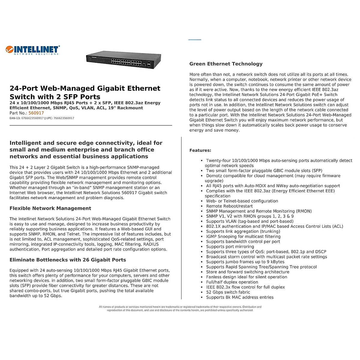 Intellinet 24 Port Web Managed Gigabit Ethernet Switch with 2 SFP Ports –with 19" Rackmount Brackets, SNMP Management and Remote Monitoring, Metal Housing, Fanless & Quiet–3 Yr Mfg Warranty-560917