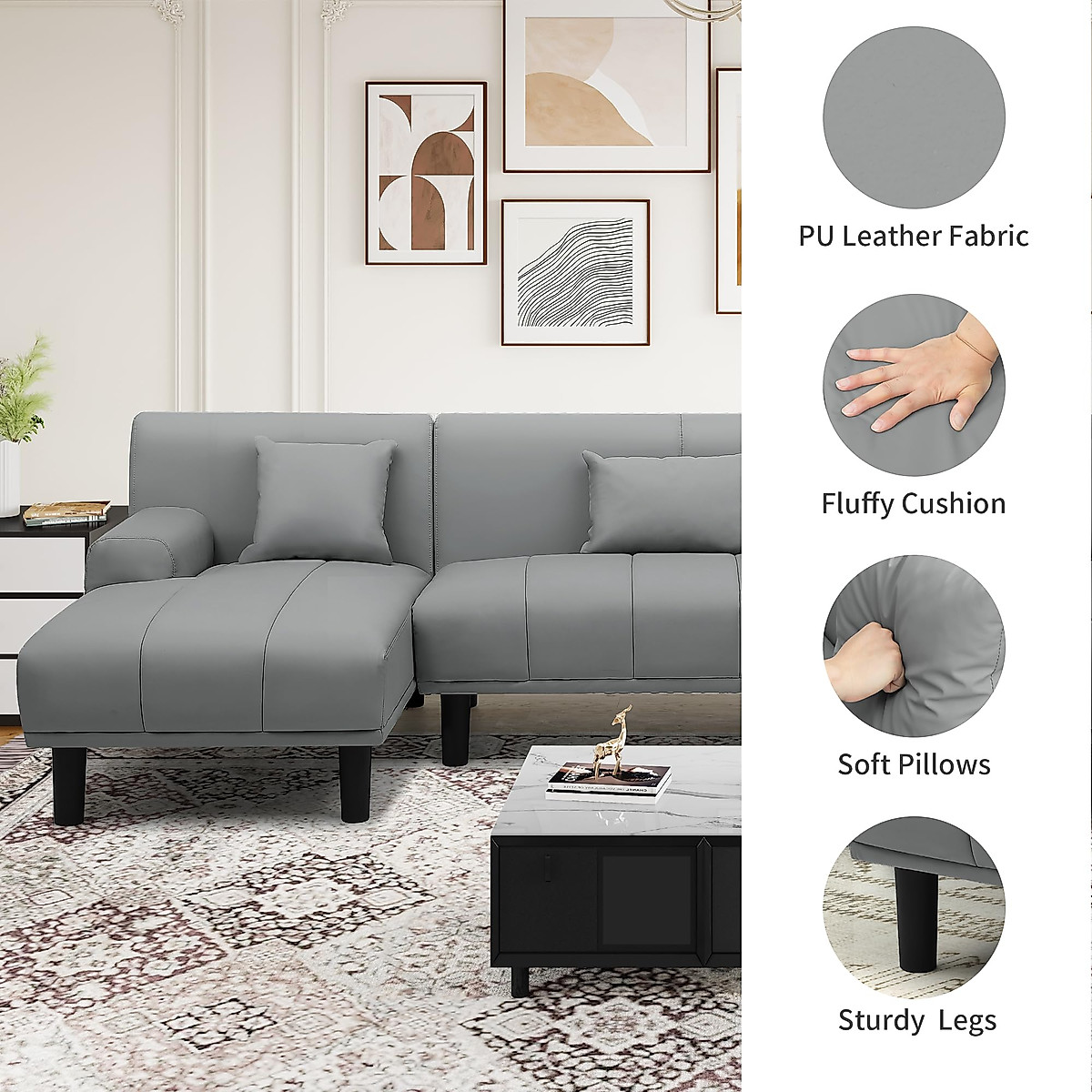 YITAHOME Sectional Couches for Living Room, U Shaped Sofa Faux Leather Modern Modular Couch with USB & Type C Charging Ports Double Chaise and Comfy Upholstered, Dark Grey
