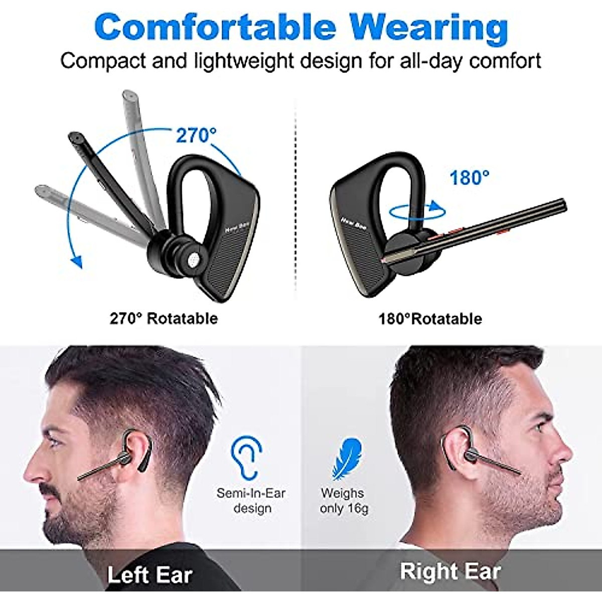 New bee Bluetooth Headset V5.2 Wireless Bluetooth Earpiece 24Hrs Talktime CVC8.0 Dual Mic Noise Cancelling for iPhone/Android/Driver/Business/Office