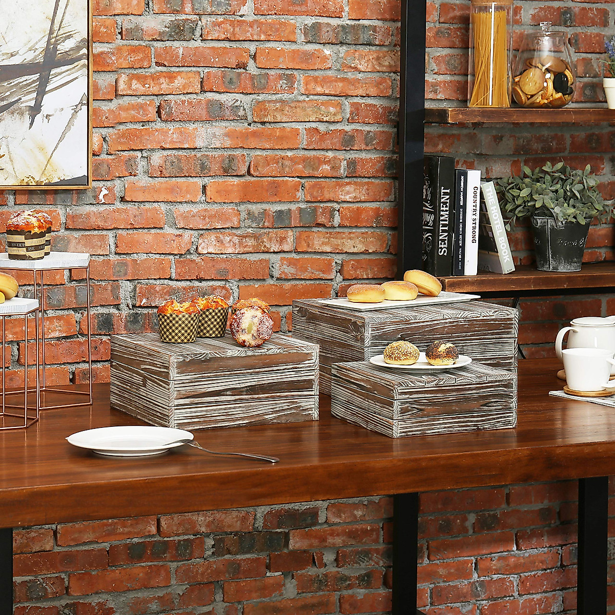 MyGift 3 Piece Rustic Solid Torched Wood Dessert Cake and Cupcake Stand, Decorative Box Display Risers