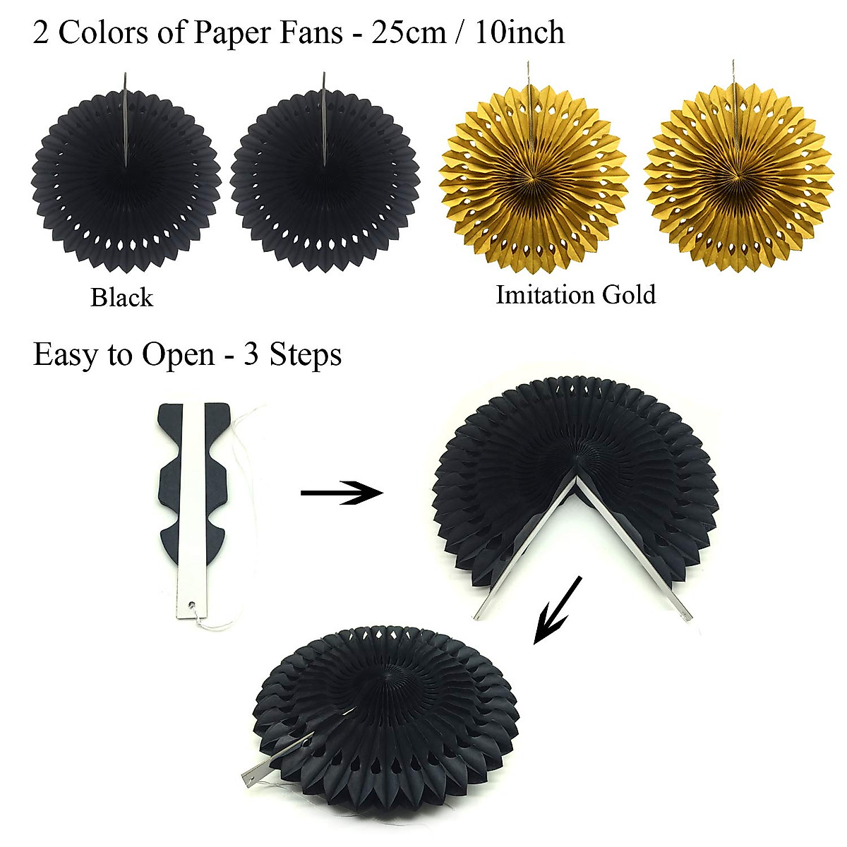ZERODECO Black and Gold Party Decorations, Confetti Balloons Decorative Folding Fans Paper Pompoms Triangle Bunting Flags Garlands for Graduation Wedding Birthday Photo Backdrop Party Decorations
