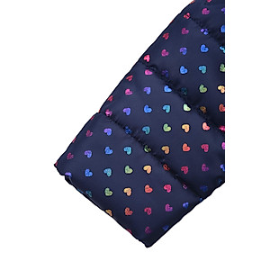 Arctic Quest Toddler Girls Metallic Rainbow Heart Print Snowsuit Fleece Lined Hooded Jacket and Bib Set, Navy Blue & Pink, 5/6