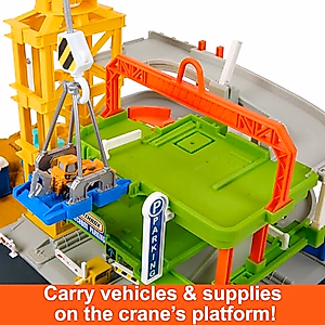 Matchbox Toy Cars & Playset, Action Drivers Epic Construction Yard, 20-in Tall Working Crane & 1:64 Scale Back Hoe & Accessories