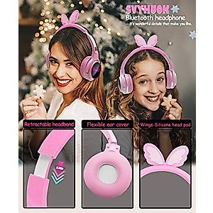 Wireless Headphones for Boys,Girls,Women,Kids,Teens Pink Bluetooth Headset for Smartphones/iPhone/iPad/Laptop/PC/TV Children Over Ear Gaming Headset with Mic&LED Light&Foldable (Angel Wings Pink)
