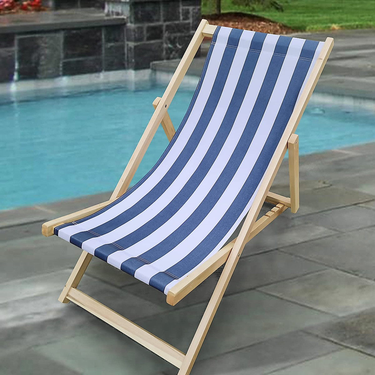 Sybrioka Beach Sling Chair,Outdoor Lounge Chair, Folding Patio Reclining, Camping Chairs with Adjustable Wood Backrest, for Outside Lawn Deck Pool (Blue)