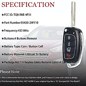 FILP Key Fob Remote Replacement Fits for Hyundai Santa Fe 2016 2017 2018 2019 TQ8-RKE-4F31 Keyless Entry Remote Control 95430-2W110 Transmitter Assy (DM 4BT)