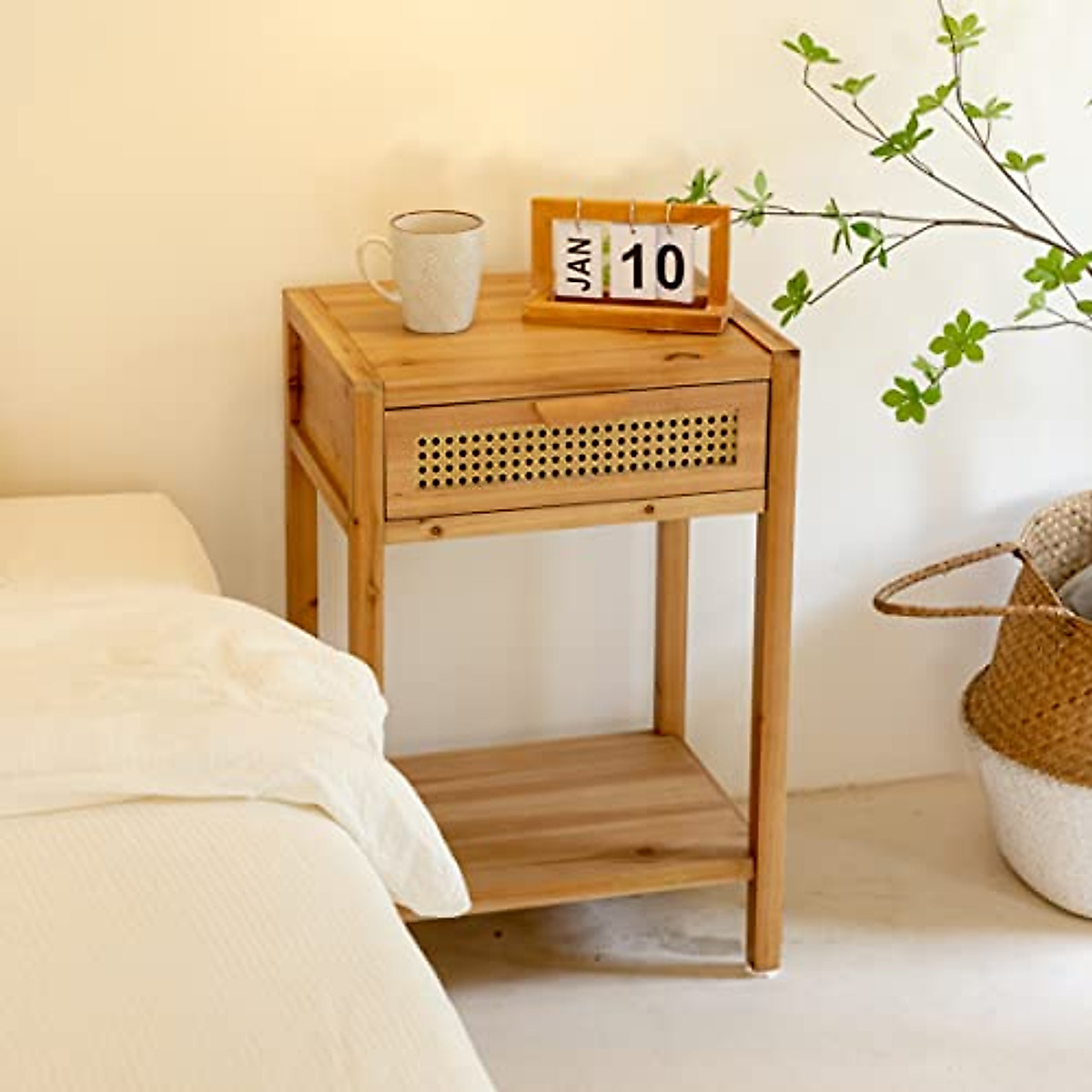 COZAYH Set of 2 Modern Minimalism Nightstand End Table Side Table with Woven Pattern Drawer and Shelf Storage, Rustic Farmhouse Style, Natural