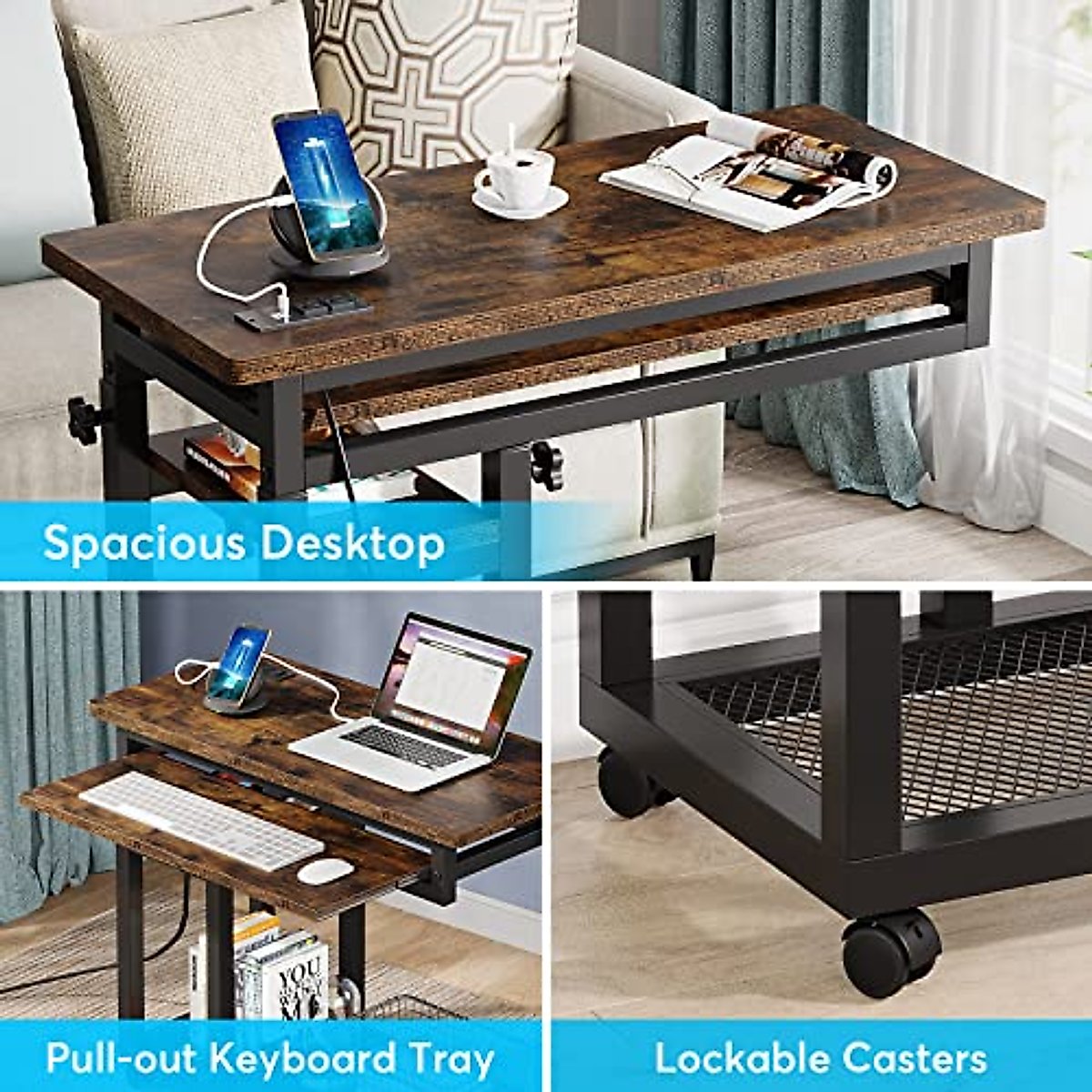 Tribesigns Small Portable Desk with Power Outlet, Height Adjustable Sofa Couch Bedside Laptop Table with Wheels, Mobile Standing Desk Rolling Computer Cart C Side Table with USB Ports