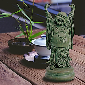 Design Toscano Jolly Hotei Asian Man Sanctuary Decor Statue Figurine, 5 inches wide, 13 inches tall, Cast Stone Resin, Green Bronze Finish