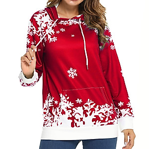 LOTUCY Christmas Women Sweatshirt Casual Hoodie Jumper Graphics Loose Snowflake Print Pocket Pullover Long Sleeve Sweater Xmas Holiday Funny tops (Red, M)