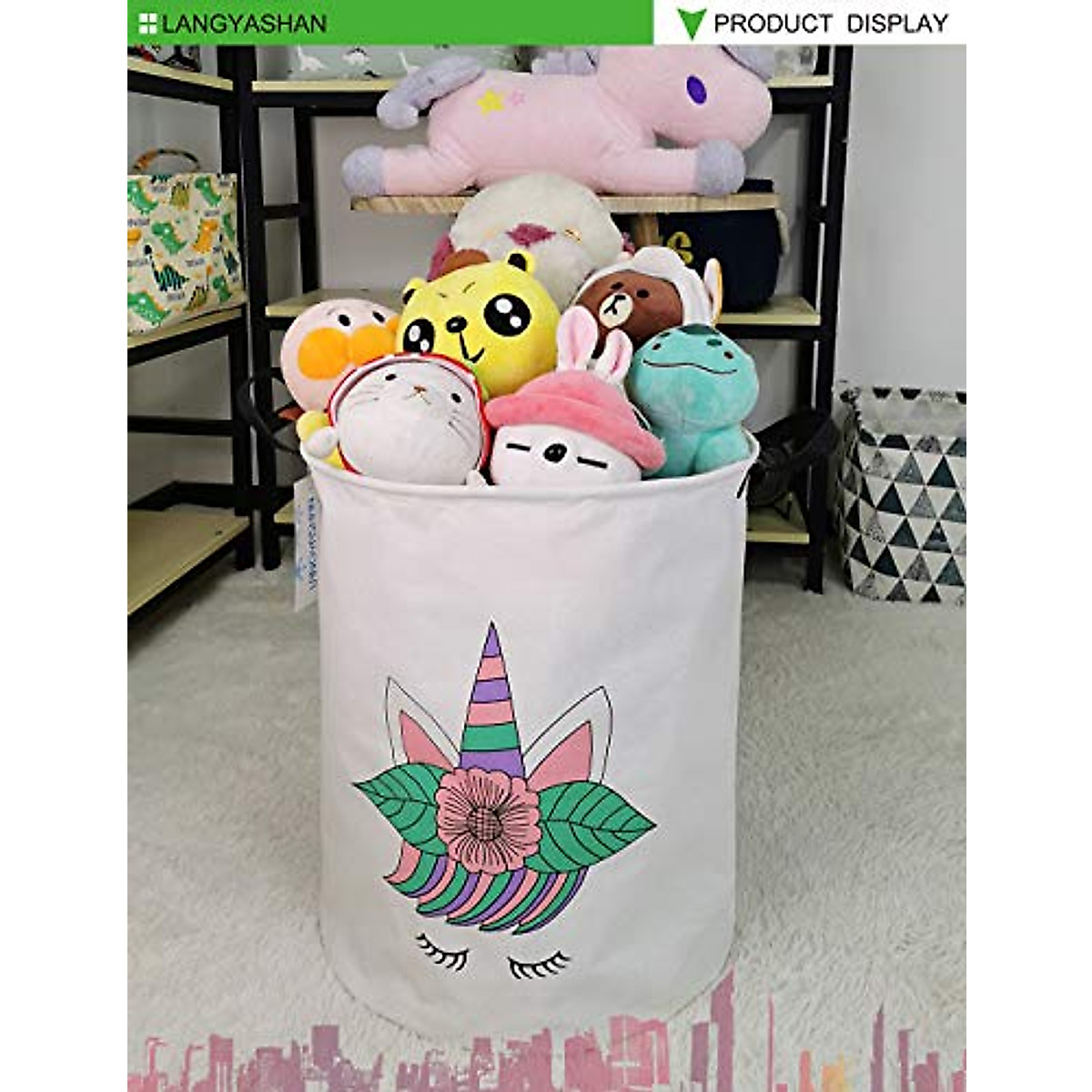 LANGYASHAN Laundry Basket Canvas Fabric Collapsible Organizer Basket for Storage Bin Toy Bins Gift Baskets Bedroom Clothes Children Nursery Hamper (Leaf Unicorn)
