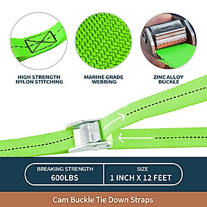 Seamander 1" x 12' Lashing Straps up to 600lbs, Made of Zinc Alloy & High Tenacity Polyester,Surfboard Kayak SUP Cargo Tie Down 8pk(Green)