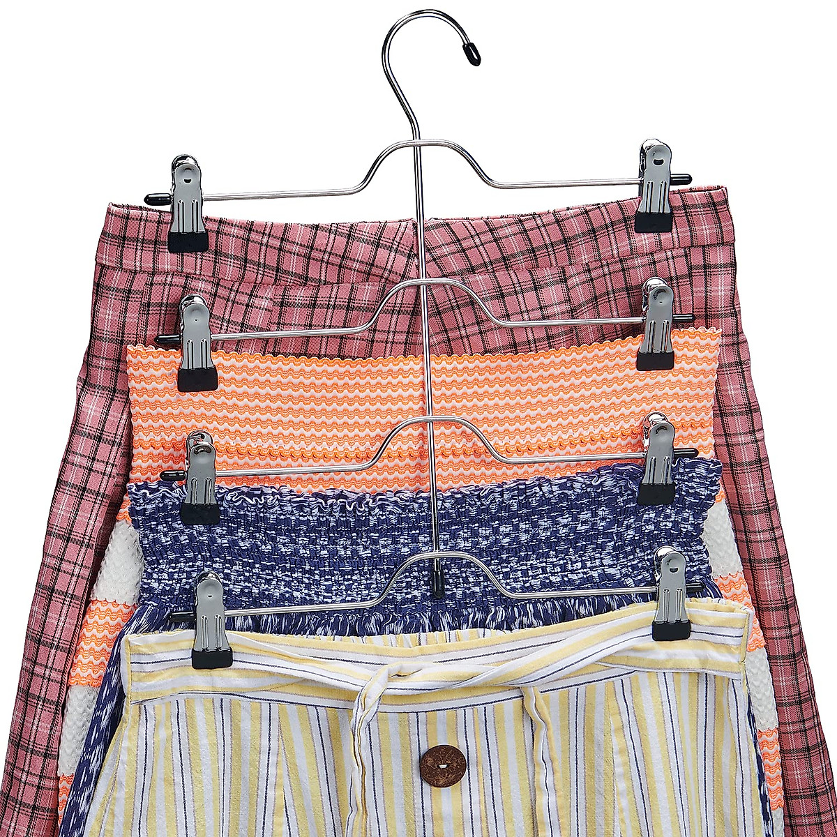 Zober Space Saving 4 Tier Skirt Hanger with Adjustable Clips (3 Pack) 4-on-1 Hanger, GAIN 50% More Space, Reliable Non Slip Grip, Durable Metal Pants Hanger Great for Slack, Trouser, Jeans, Towels Etc