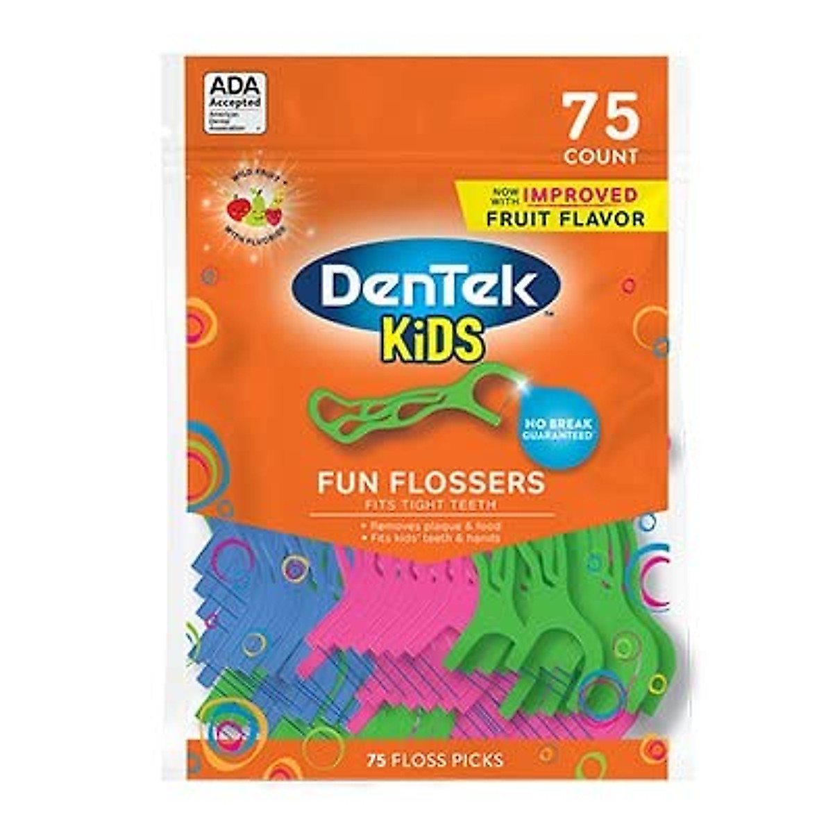 DenTek Kids Fun Flossers Wild Fruit | 75-Count Floss Picks | 2-Pack