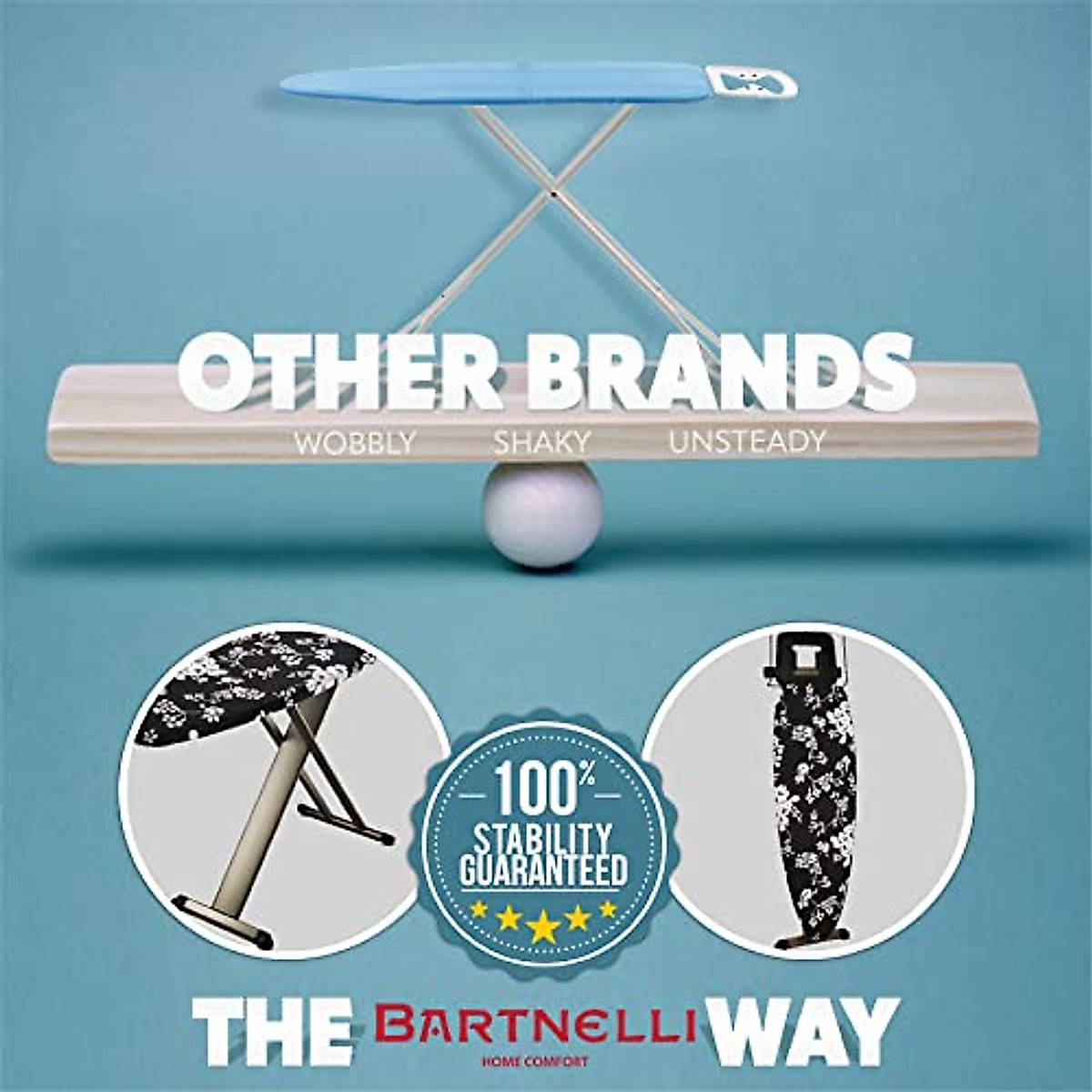 Bartnelli Pro Luxury Ironing Board - Extra Wide 51x19” with Heavy Duty Steam Iron Rest, and Wheels for Easy Storage, Adjustable Height, T-Leg, Foldable, European Made