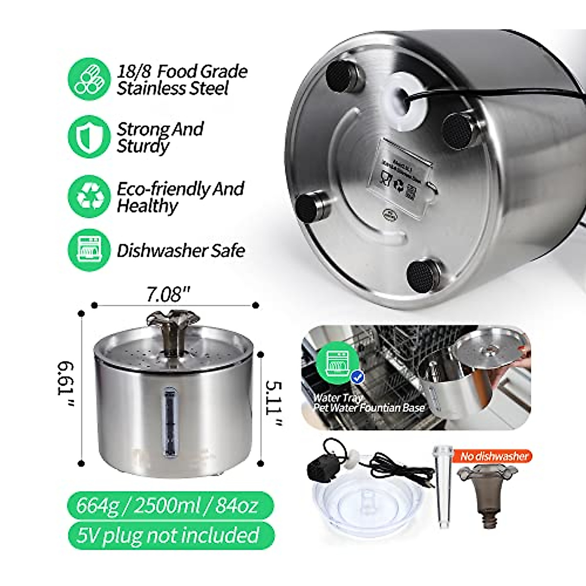 Nicelock Cat Water Fountain Pet Fountain Stainless Steel Metal Dog Drinking Fountains Automatic Pet Water Fountain Ultra-Quiet | Hygienic Material | Dishwasher Safe & Smart LED Light| 84oz/2.5L