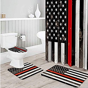 4 PCS Independence Day USA Flag Shower Curtain Set with Bath Rugs,American Red Line Fireman Waterproof Curtains Soft Bathroom Non-Slip Floor Mats Toilet U-Shaped Pad and Toilet Lid Covers Wood Plank