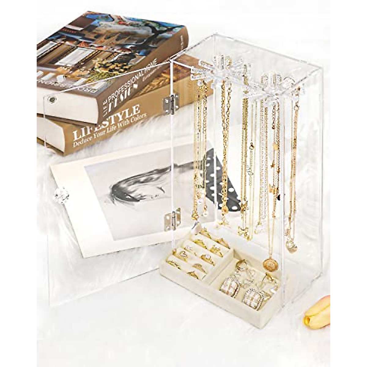 boailydi Acrylic Necklace Holder, Necklace Organizer, Rotatable Clear Jewelry Organizer Display Case for Long Necklaces Pendant Bracelets, Jewelry Holder with Beige Velvet Tray for Rings Earrings