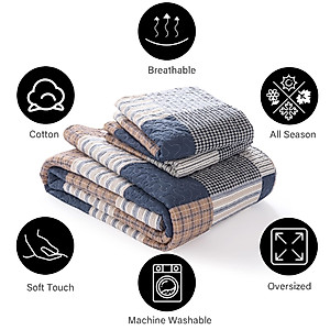 PANGUSHAN 100% Cotton Quilt Set Queen Size, Patchwork Plaid Queen Quilt Bedding Set Bedspreads, Farmhouse Lightweight Comforter Reversible Quilt, Navy/Brown/White Bed Spread for Queen Bed, 3 Pieces