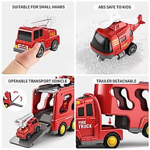 TEMI Fire Toys for 3 4 5 6 Years Old Boys Girls - 5 in 1 Carrier Truck Transport for Toddlers 1-3, Friction Power Vehicles for Kids 3-5, Christmas Birthday Gifts - Age 3-9