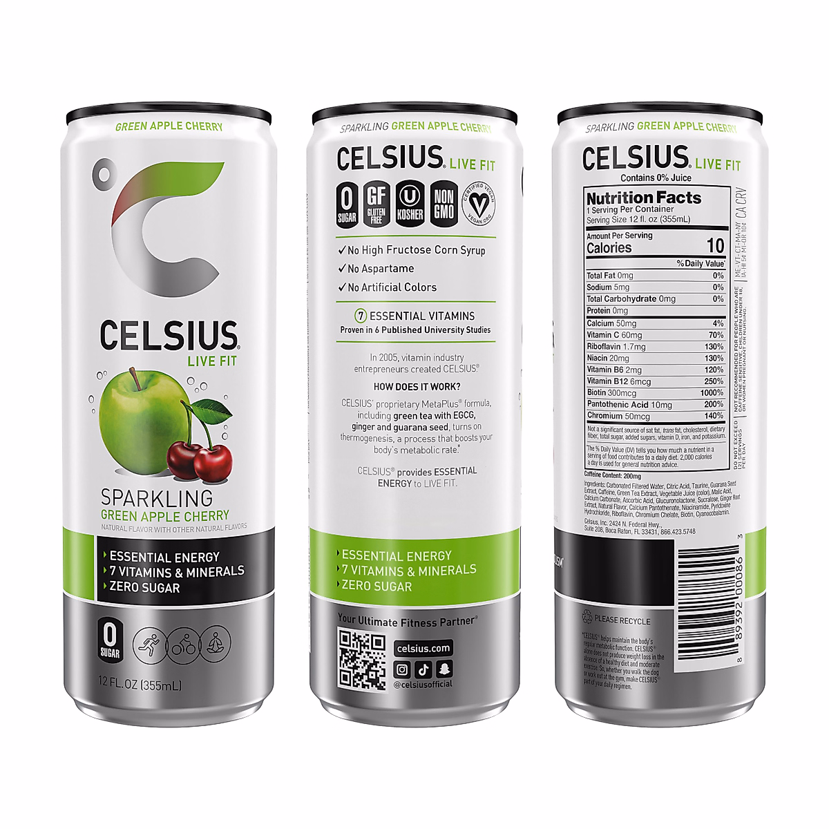 CELSIUS Sparkling Green Apple Cherry, Functional Essential Energy Drink, 12 Fl Oz (Pack of 12)