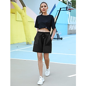 Plus Size Jersey Shorts for Womens Summer Knee Length Shorts Elastic Waist Cotton Lounge Shorts Black XXL