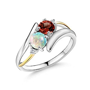 Gem Stone King 925 Sterling Silver and 10K Yellow Gold Red Garnet White Simulated Opal and Lab Grown Diamond 2 Stone Crossover Ring (1.52 Cttw, Available in size 5, 6, 7, 8, 9)