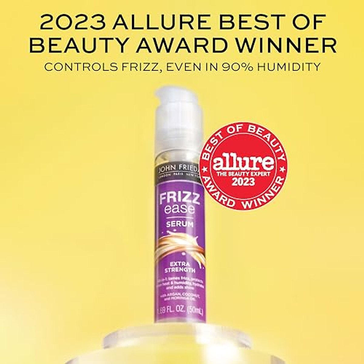 John Frieda Frizz Ease Extra Strength Hair Serum, Instantly Smooths for Healthy, Hydrated, Frizz-Free Hair, for Thick and Coarse Hair, with Argan, Coconut, and Moringa Oil for Heat Protection, 1.69 Oz
