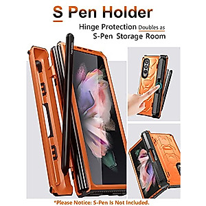 BXYJY for Samsung Galaxy Z Fold 3 Case with S Pen Holder, Built-in Kickstand/HD Screen Protector/Camera & Hinge Protection, 360° Protection Phone Case Cover for Samsung Galaxy Z Fold 3 5g (Orange)