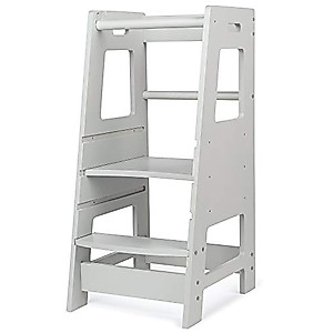 KidzWerks Child Standing Tower Kids Kitchen Step Stool Toddler Wood Stepping Stool, Children's Counter Height Learning Stools, Adjustable Platform, Gray