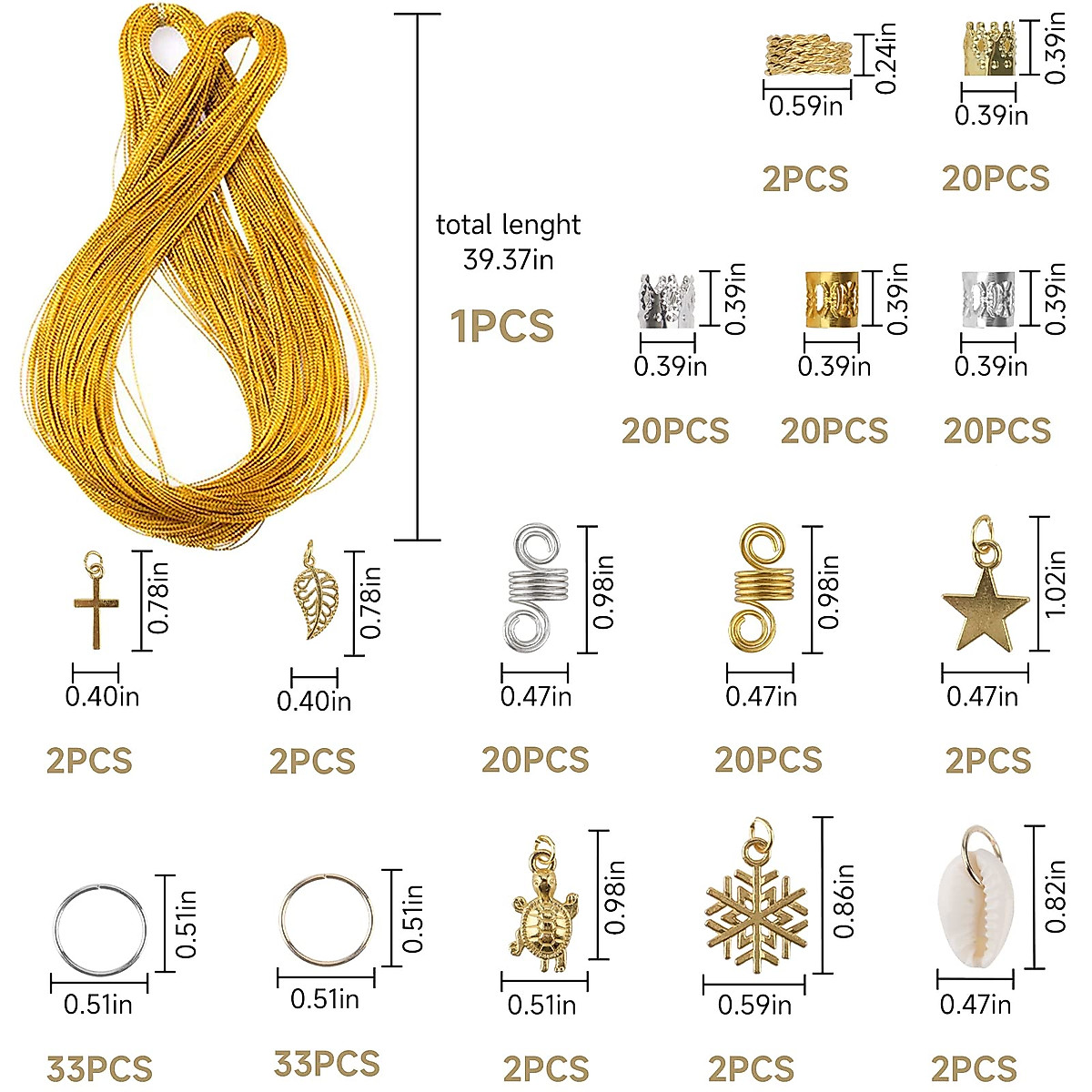 LABOTA 201 Dreadlock Jewelry, Beads for Hair Braids, Hair Jewelry for Women Braids, Metal Gold box Braids Rings Cuffs Clips for locs Dreadlock Accessories Hair Decorations