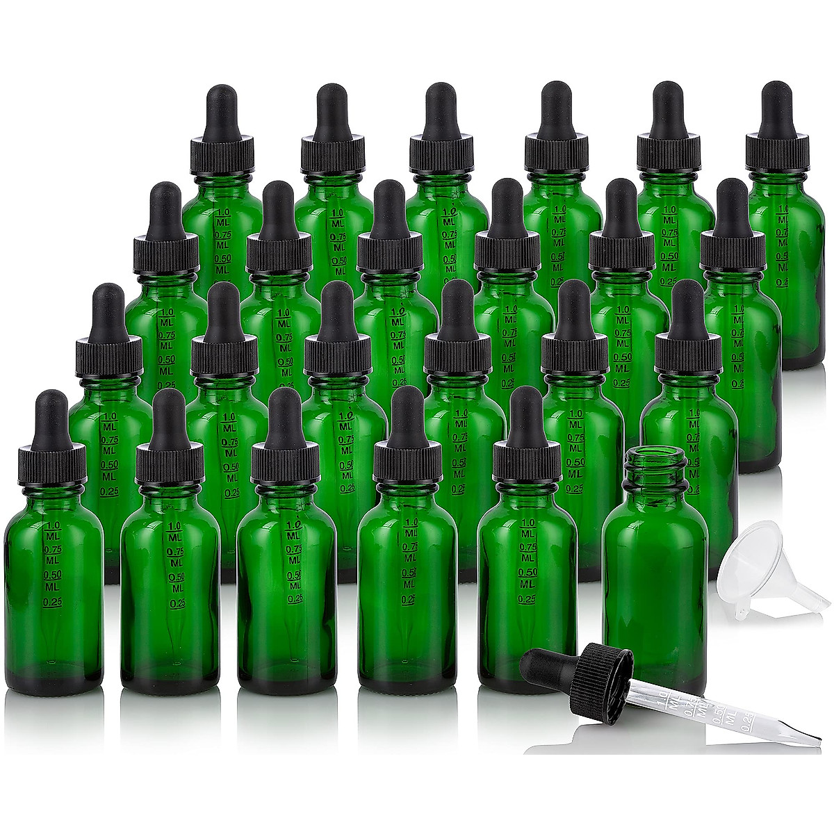 JUVITUS 1 oz / 30 ml Green Glass Boston Round Empty Bottle with Graduated Measurement Glass Dropper (24 Pack)
