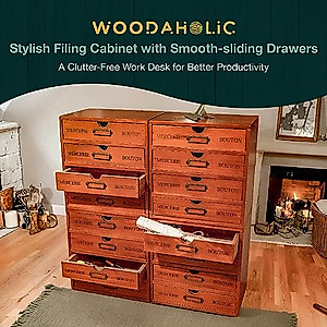16-Drawer Wooden Storage Box (19.6”x6.89”x19.6”) VIntage Filing Cabinet in Walnut Wood - 16-Slot Wooden Desk Drawer Unit w/Label Holders & Handles - Multi Level Countertop Drawer Organizer