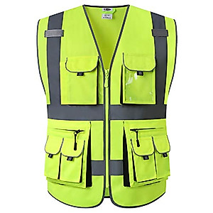 JKSafety 10 Pockets Class 2 High Visibility Zipper Front Safety Vest Yellow with High Reflective Strips Meets ANSI/ISEA Standards (88-Yellow, Medium)