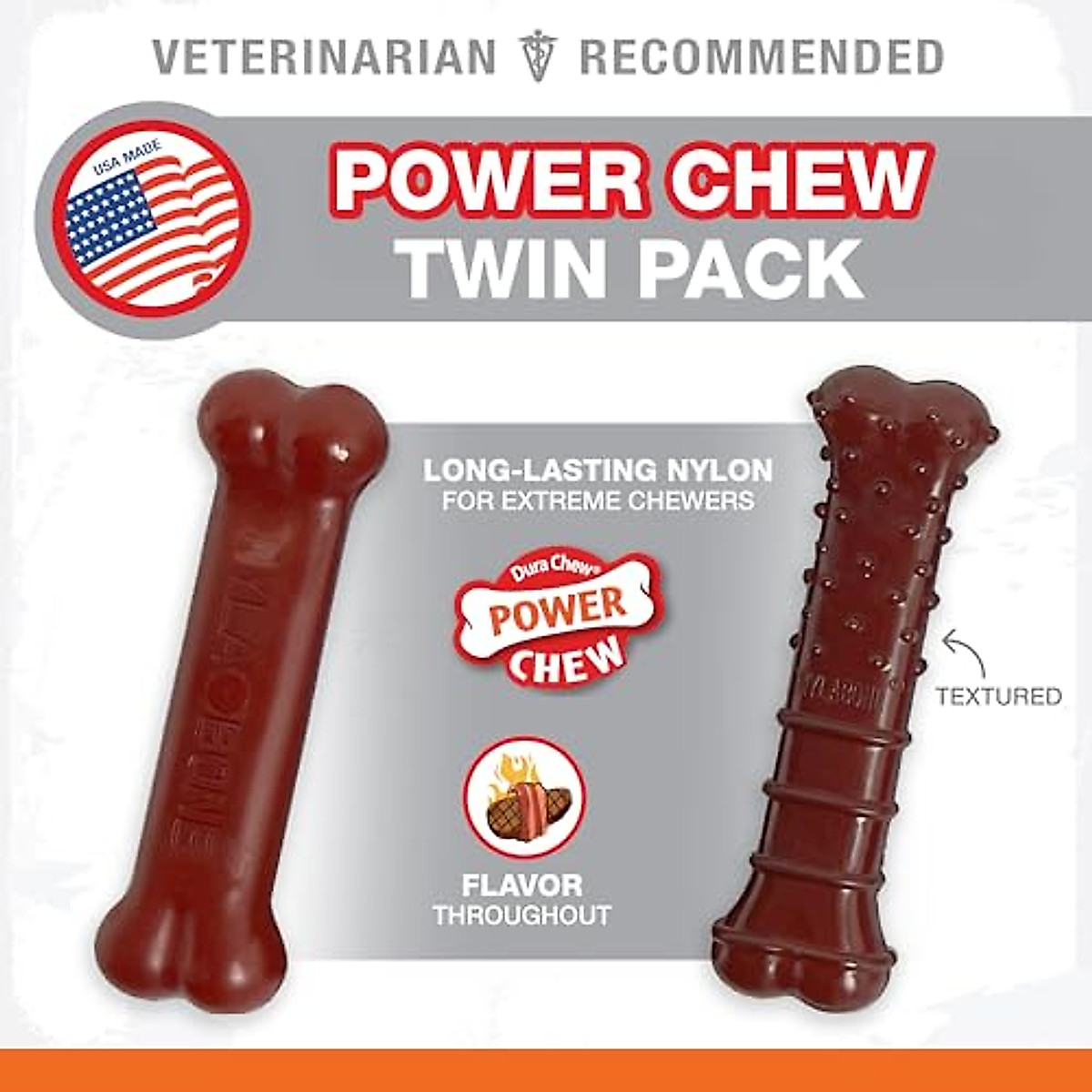 Nylabone Basted Blast Original & Textured Bone Power Chew Toy for Dogs, Dog Toys for Aggressive Chewers, Bacon and Steak Flavor, X-Small - Up to 15 lbs, 2 Pack