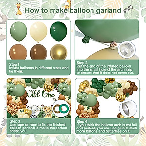 iLaFm 142pcs Safari Jungle Wild One Balloon Garland Arch Kit Sage Green and Brown Balloons with Animal Print Balloons Palm Leaves for Woodland Tropical Birthday Party Supplies Baby Shower Decorations