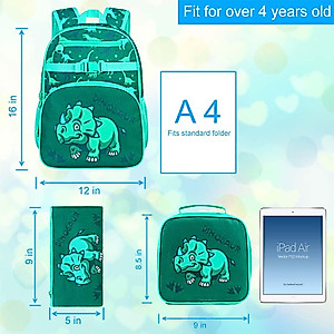 TXHVO 3pcs Dinosaur Backpack for Boys, 16" Kids Bookbag with Lunch Box, Cute Dino Backpacks for Elementary Kindergarten Preschool(Green)
