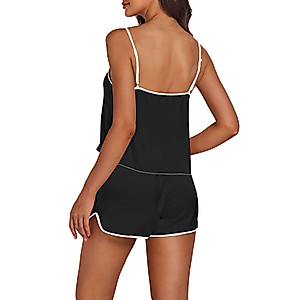 LYANER Women's Satin Silk Pajamas V Neck Cami Top with Shorts PJ Sst Sleepwear Black Large